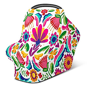 Baby Car Seat Stroller Covers Spring Mexican Flower Leaf Nursing Cover Breastfeeding Scarf Soft Breathable Stretchy Infant Car Canopy Coverage Carseat Cover for Boys and Girls Multi Use