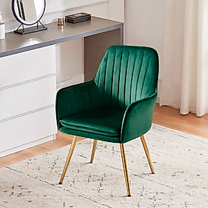 Altrobene Modern Accent Dinging Chair, Velvet Home Office Desk Chair No Wheels, Living Room Bedroom Arm Chair with Golden Finished Metal Legs, Green