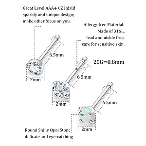 Uzgtvy 20G Nose Ring Stud Piercing Jewelry for Women 316L Stainless Surgical Steel Silver Opal Straight Hypoallergenic sensitive Nose Nostril Ring Pin Bone Bar Stud Body Piercing Jewelry Men 2mm 7mm