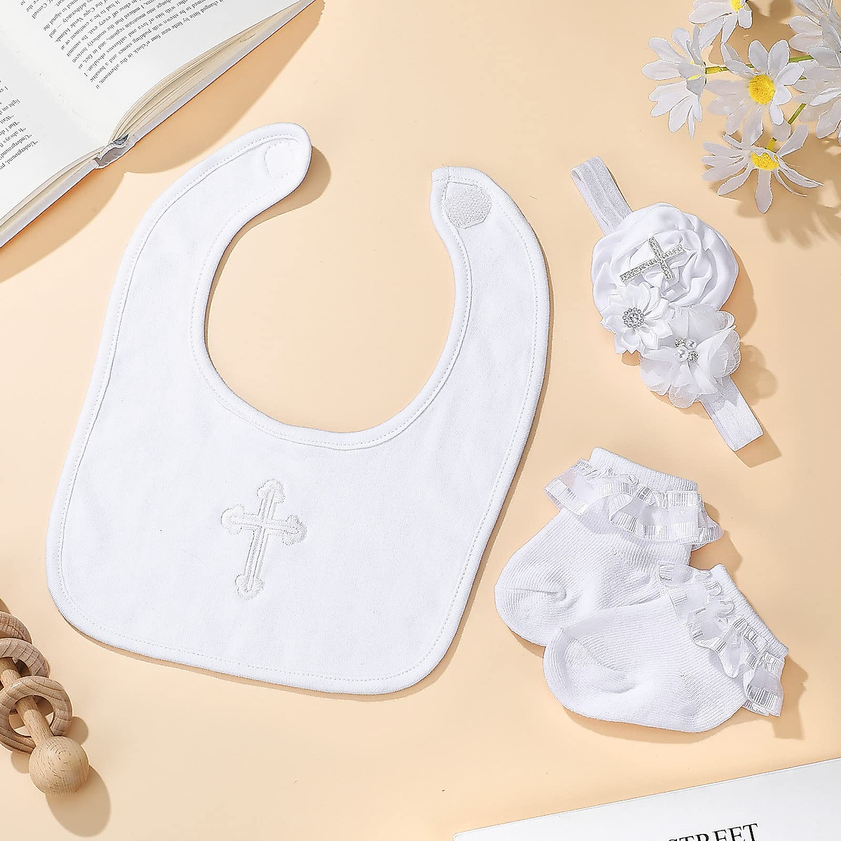 Geyoga 3 Pcs Baptism Bib for Baby Girl Baptism Candle Set Socks Pearl Headband Embroidered White Christening Outfit Bib