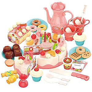 GILOBABY Birthday Cake Toy with Lights & Birthday Music, Pretend Play Cutting Food Kitchen Toy with Tea Set Bread Roll, Chocolate, Sandy & Dessert, Gift for Girls Boys 3 4 5 Year Old (82 PCS)