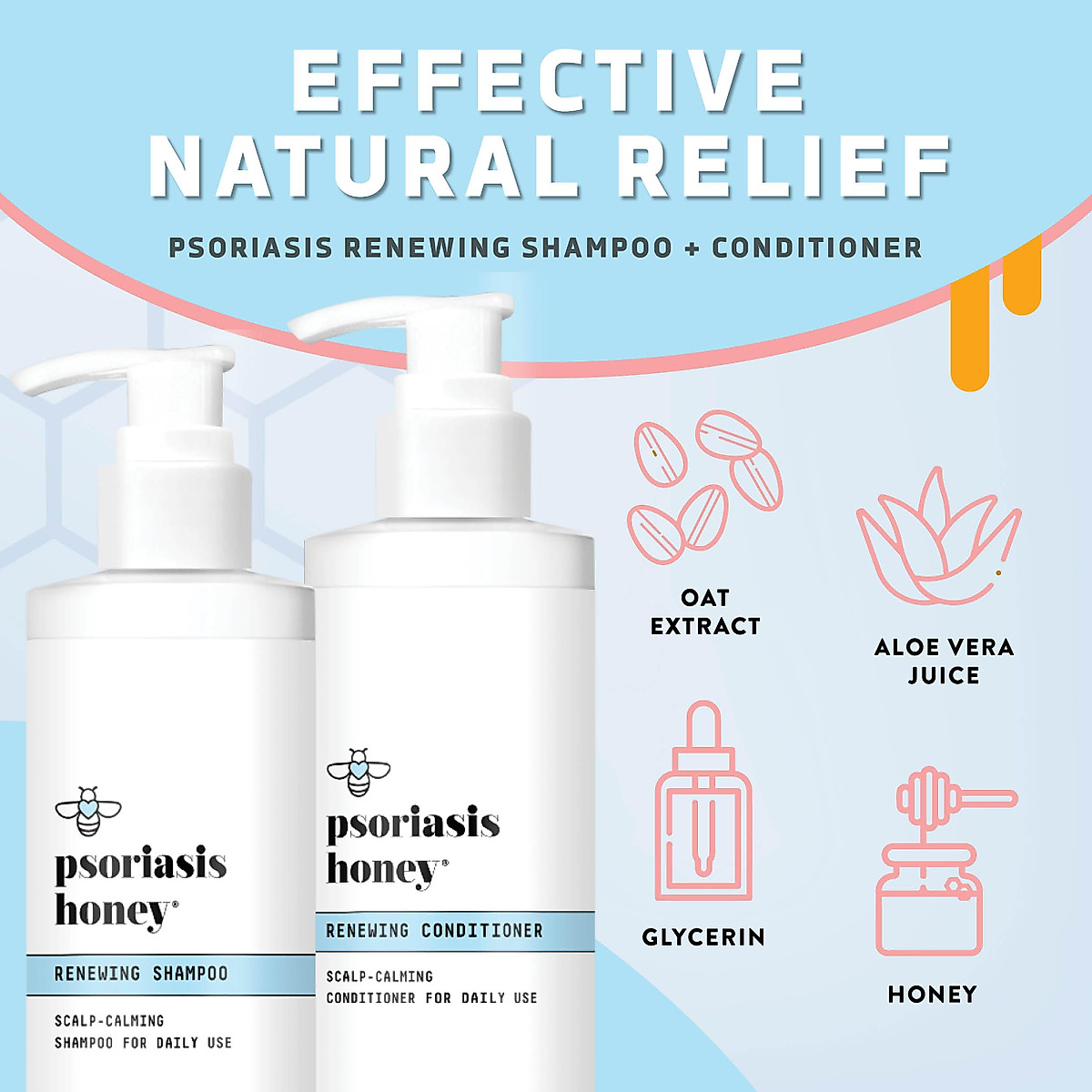 Psoriasis Honey Renewing Shampoo & Conditioner Set - Daily Treatment for Eczema, Dandruff, Dermatitis & More (8 Oz Each)