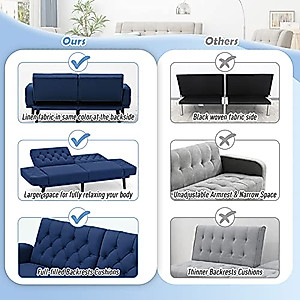 ACMEASE 70” Linen Fabric Futon Sofa Bed with Adjustable Backrests, Tufted Sleeper Couch with Convertible Armrest, 82” Extendable Loveseat Sofa with 2 Pillows for Living Room, Bedroom, Blue