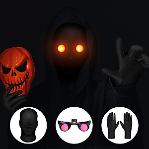 3 Pcs Halloween Glowing Grim Reaper Costume Accessories Set Black Full Face Mask Spandex Gloves with Glowing Eyes Glasses for Halloween Adult Masquerade Cosplay