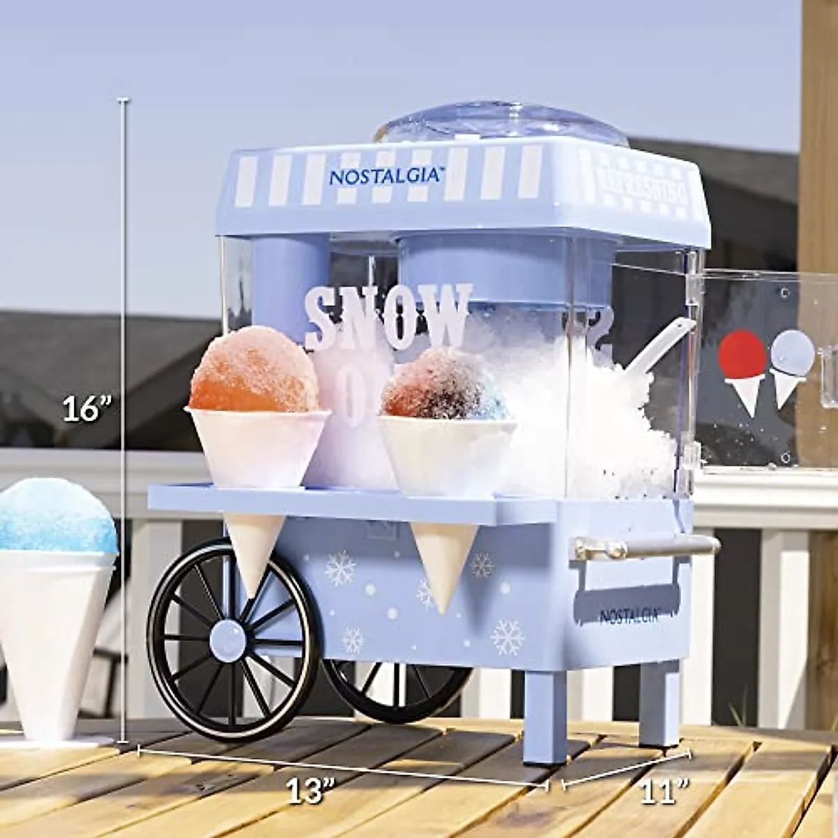 Nostalgia Vintage Countertop Snow Cone Machine - Slushie Machine - Shaved Ice Machine and Crushed Ice Maker - Makes 20 Icy Treats, Includes 2 Reusable Plastic Cups & Ice Scoop – Blue