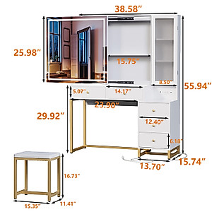 GLAUBIO Vanity Desk with Mirror and LED Lights, Makeup Vanity Table with Sliding Lighted Mirror, Charging Station,Makeup Dressing Table with 5 Drawers, Storage Shelves & Vanity Stool for Bedroom,White