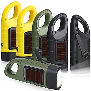 6 Pcs Hand Crank Solar Powered Flashlights Emergency Rechargeable LED Flashlights Handheld Flashlights for Emergencies Survival Gear Outdoor Sports Camping Hiking Backpack Safety, Green Yellow Black