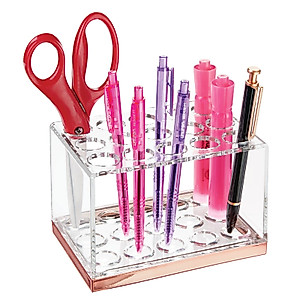 mDesign Plastic Makeup Brush Storage Organizer with 15 Slots for Bathroom Countertop, Vanity to Hold Eye/Lip Pencils, Lip Gloss, Liners, Lipstick - Clear/Rose Gold