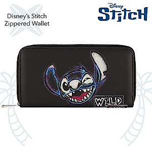 Concept One Disney Lilo and Stitch Wallet with Zipper, Zip Around Wallet Clutch, Black