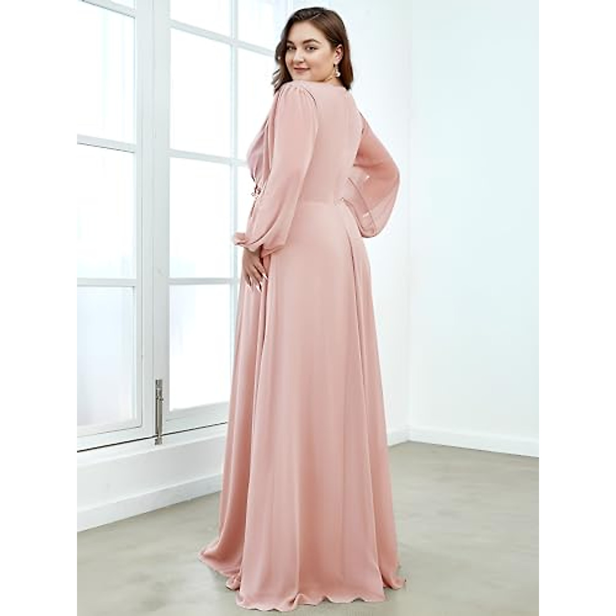 Ever-Pretty Plus Women's Plus Size A-line Long Slit Sleeves Bidesmaid Dress for Wedding Pink US26