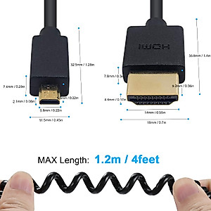 Duttek Micro HDMI to HDMI Coiled Cable, HDMI to Micro HDMI Coiled Cable, Extreme Slim/Thin Micro HDMI Male to HDMI Male Coiled Cable 4K, 3D for Camera, Raspberry Pi 5 4, GoPro Hero 7/6 3.3FT/1M