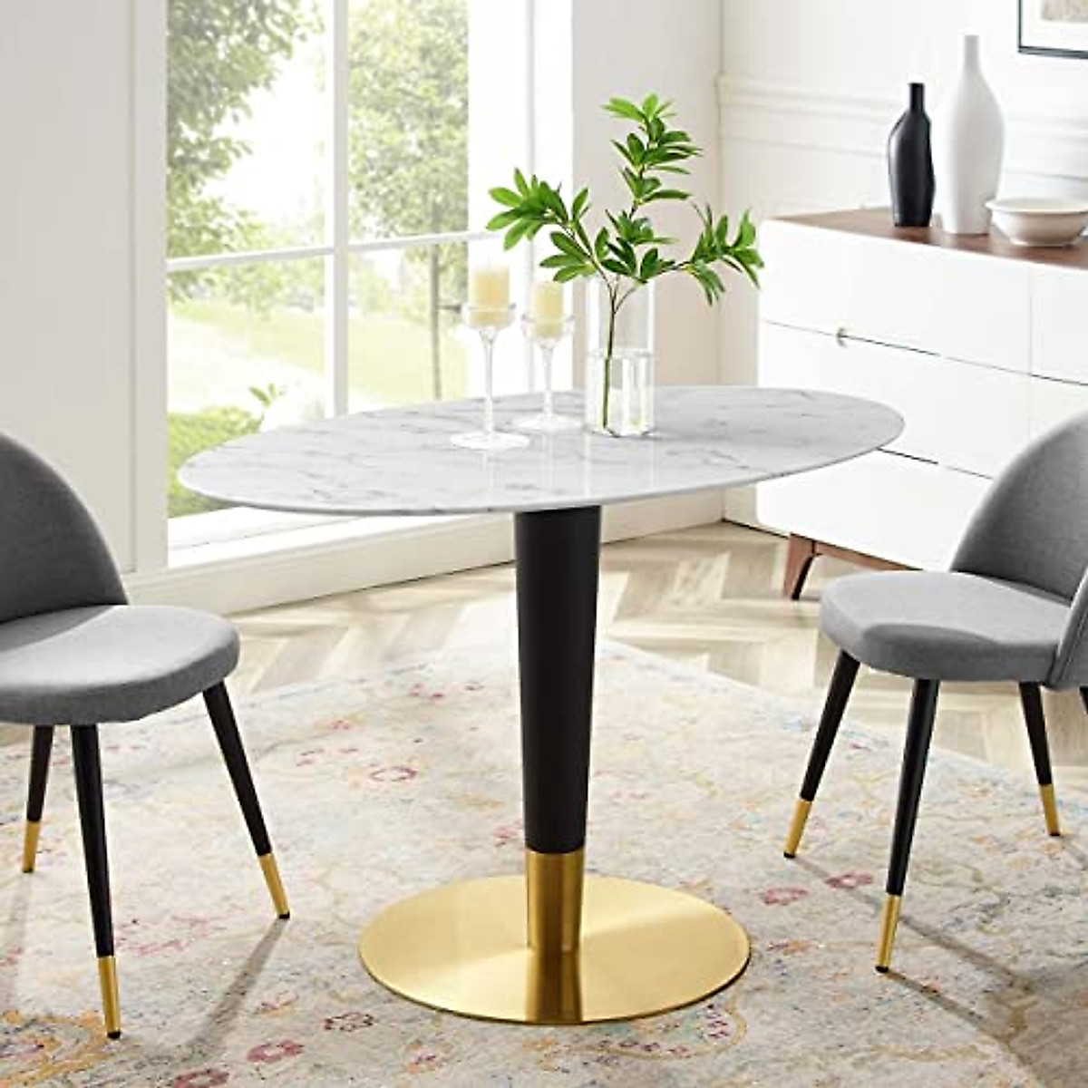 Modway Zinque Artificial Marble Dining Table, 48 Inch, Gold White