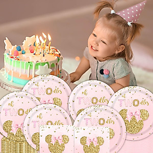 96 PCS Cartoon Mouse 2nd Plates and Napkins Party Supplies Girls Oh Twodles Mouse Happy 2nd Birthday Tableware Set Two Years Old Birthday Dinnerware Party Decorations Serve 24 Guests