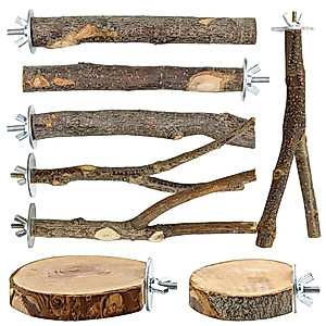 CZWESTC 8 Pieces Natural Wood Bird Perch Wooden Parrot Perch Stand Fork Toys Hanging Multi-Branch Perch Platform Hammock Swing Toy for Macaws, Small Parakeets, Conures, Budgies, Finches