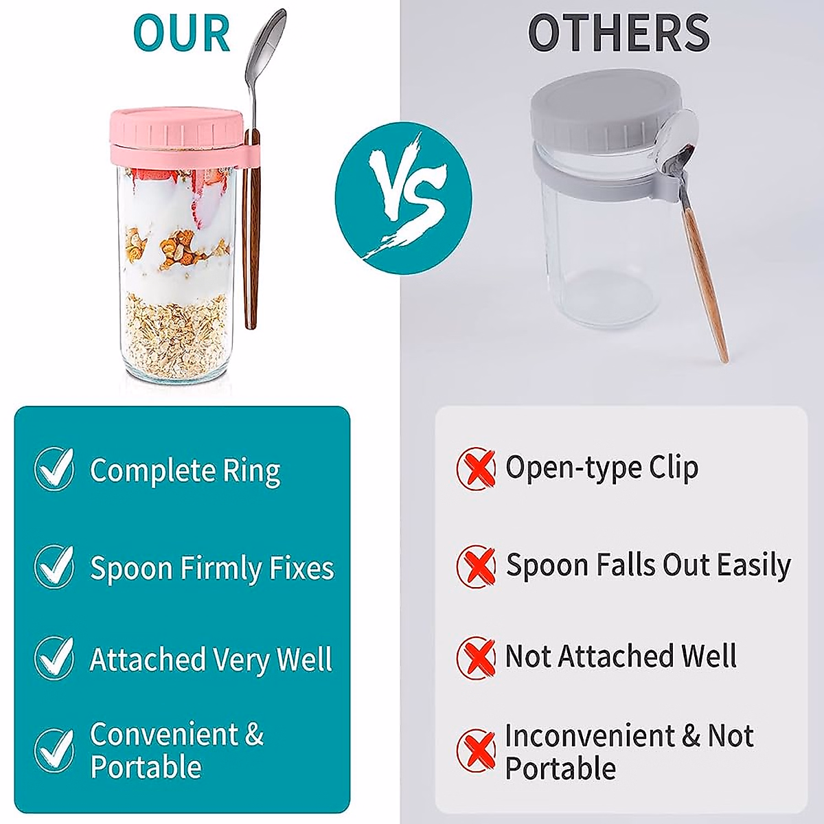 YehTrum Overnight Oats Containers with Lids and Spoon, 4 Packs 22 oz Glass Mason Jars for Overnight Oats, Large Capacity Oatmeal Container Mason Overnight Oats Jars for Milk, Cereal, Fruit