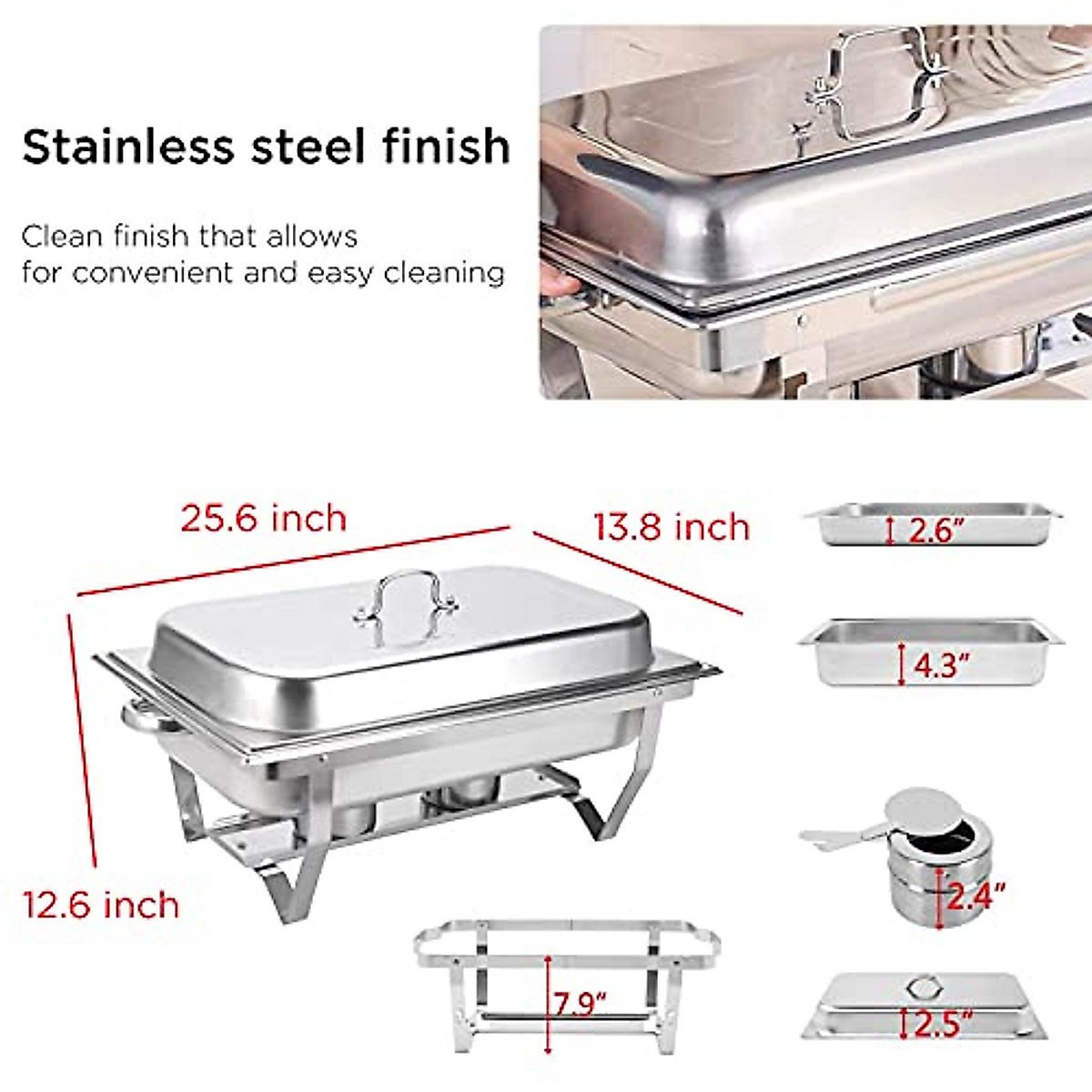 BotaBay Pack of 4 Chafing Dish 8 Quart High-Grade Stainless Steel Pans Chafers and Buffet Warmers Sets with Water Pan, Food Pan, Fuel Holder and Lid Catering Full Size