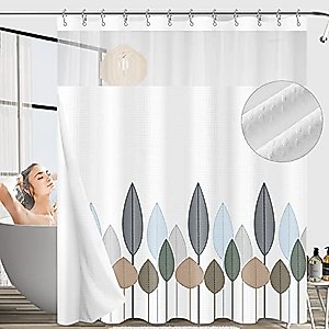 Shower Curtain Set with Snap-in Fabric Liner, Heavyweight Waffle Weave Bathroom Shower Curtains Hotel Style with See Through Top Window, 12 Metal Hooks, Waterproof & Machine Washable(72"x72", Leaf)