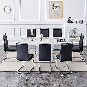 71in Modern Rectangle Dining Table for 8 or 6, Grey Imitation Marble Top Dining Room Table Kitchen Table w/White Bracket, Luxury Faux Marble Dining Table Dinner Table for Living Room Banquet Hall