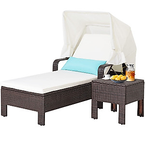 Tangkula Outdoor Chaise Lounge Chair and Table Set with Folding Canopy and Armrests, Patio Rattan Reclining Chair with 6-Level Adjustable Backrest, Cushioned Outdoor Recliner for Poolside, Backyard
