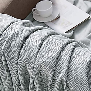 BOURINA Decorative Diamond Lattice Faux Cashmere Fringe Throw Blanket Lightweight Soft Cozy for Bed or Sofa Farmhouse Outdoor Throw Blankets, 50" x 60",Light Blue