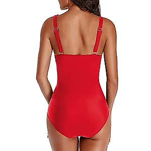 Holipick Women Chili Red One Piece Swimsuits Tummy Control Bathing Suit Ruffle V Neck Swimwear Slimming Monokini for Teen Girls Small