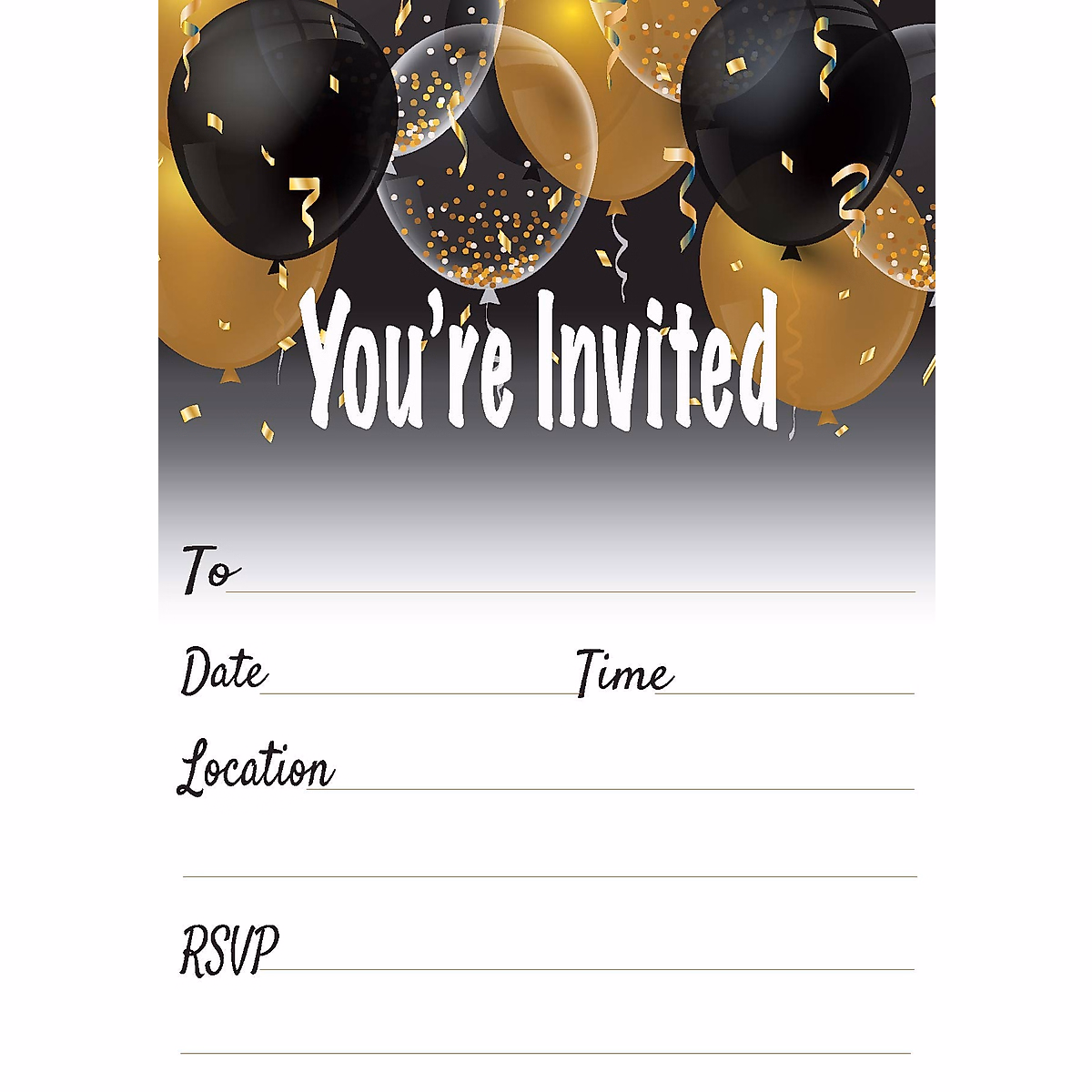 QualityVibe Black & Gold balloons Invitations Set of 25 with envelopes. Invites for Anniversaries, birthdays, sweet 16, bridal showers, baby showers, milestones birthdays and more.