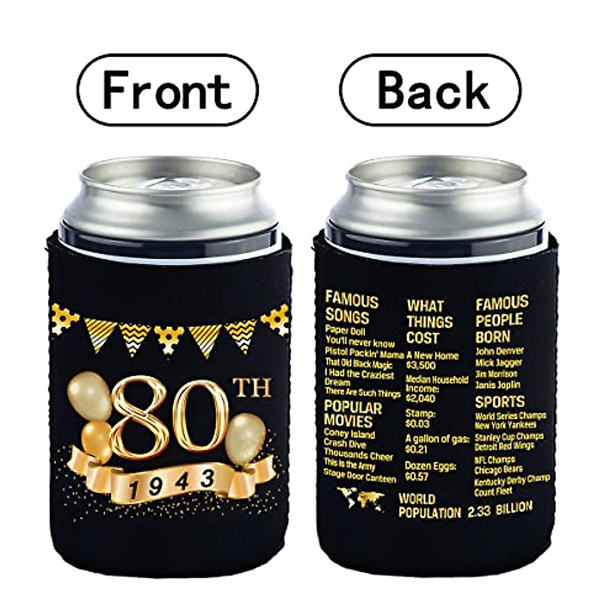 80th Birthday Can Cooler Sleeves Pack of 12- 1943 Sign -80th Anniversary Decorations - Dirty 80th Birthday Party Supplies - Black and Gold Eightieth Birthday Cup Coolers