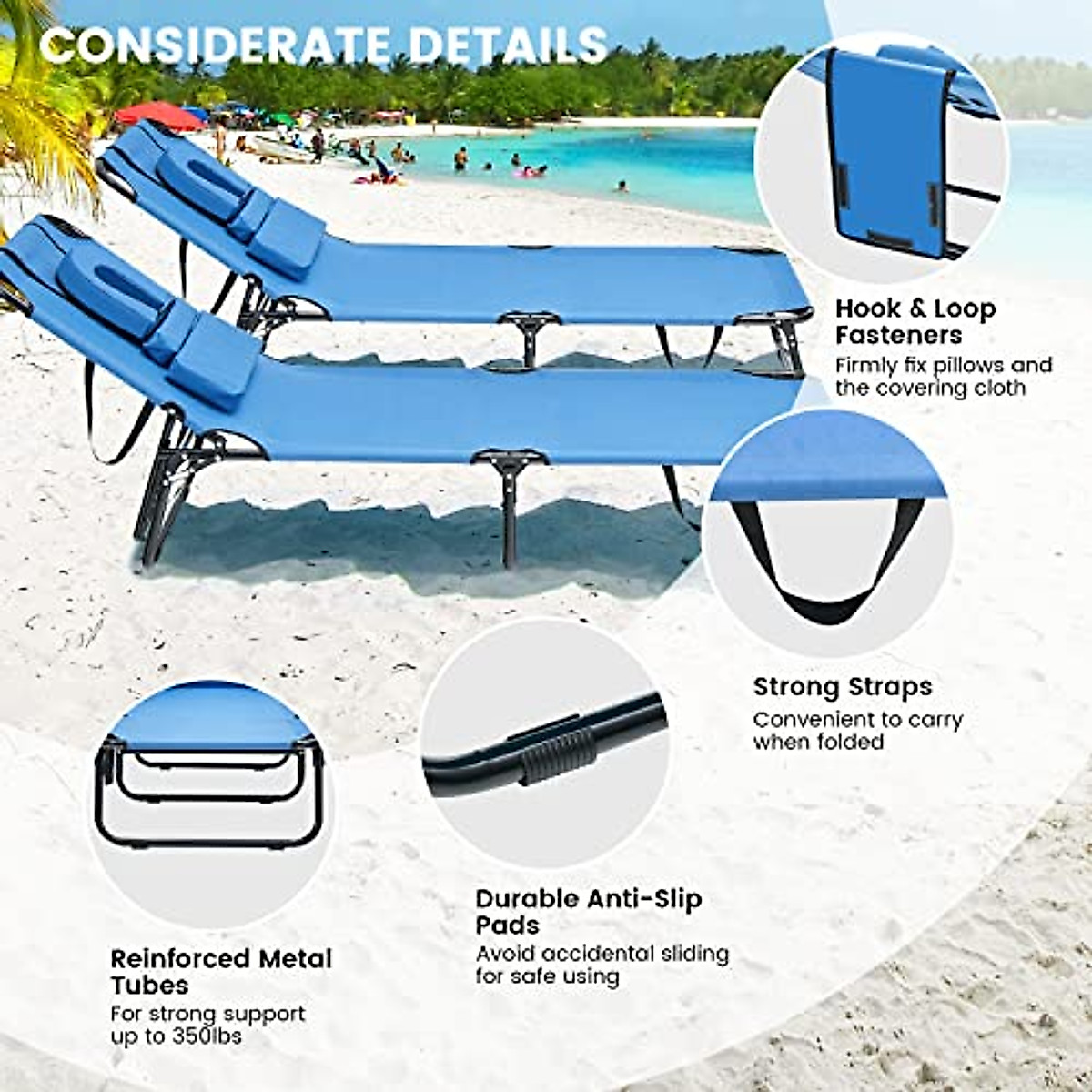 GYMAX Tanning Chair, 350lbs Beach Lounge Chair with Face Hole, Detachable Washable Pillow & Carry Strap, Adjustable Folding Chaise Lounge, Layout Chair for Outside, Patio, Poolside, Lawn (2, Blue)
