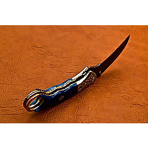 8.5" Handmade Damascus Folding Pocket Knife Karambit Knife Hunting Knife Handle Camel Bone Handmade Damascus Steel with Leather Sheath B50