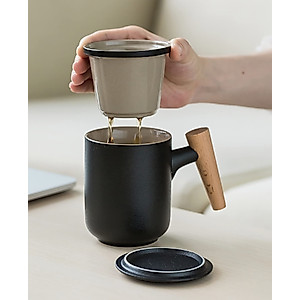 Ceramic Tea Mug with Infuser and Lid,China Tea Cup,for Steeping Loose Leaf Tea Wooden Handle 350ml/12oz, Black, GJ-467