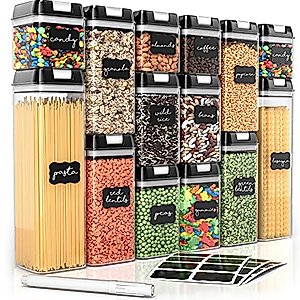 Simply Gourmet Food Storage Containers for Kitchen Organization - Pack of 14 BPA-Free Airtight Organizers for Flour, Sugar, Coffee & More - Includes 32 Labels & 1 Marker.