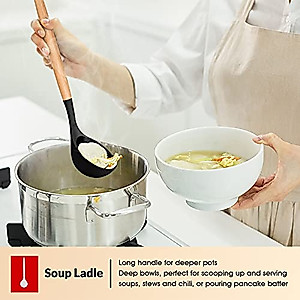 Cooking Utensils Set of 6, E-far Silicone Kitchen Utensils with Wooden Handle, Non-stick Cookware Friendly & Heat Resistant, Includes Spatula/Ladle/Slotted Turner/Serving Spoon/Spaghetti Server(Black)