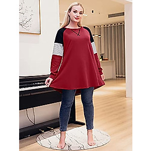 LARACE Plus Size Tops Women Pullover Sweatshirt Color Block Tee Long Sleeve Tunic Striped Raglan Shirt(Wine Red 4X)