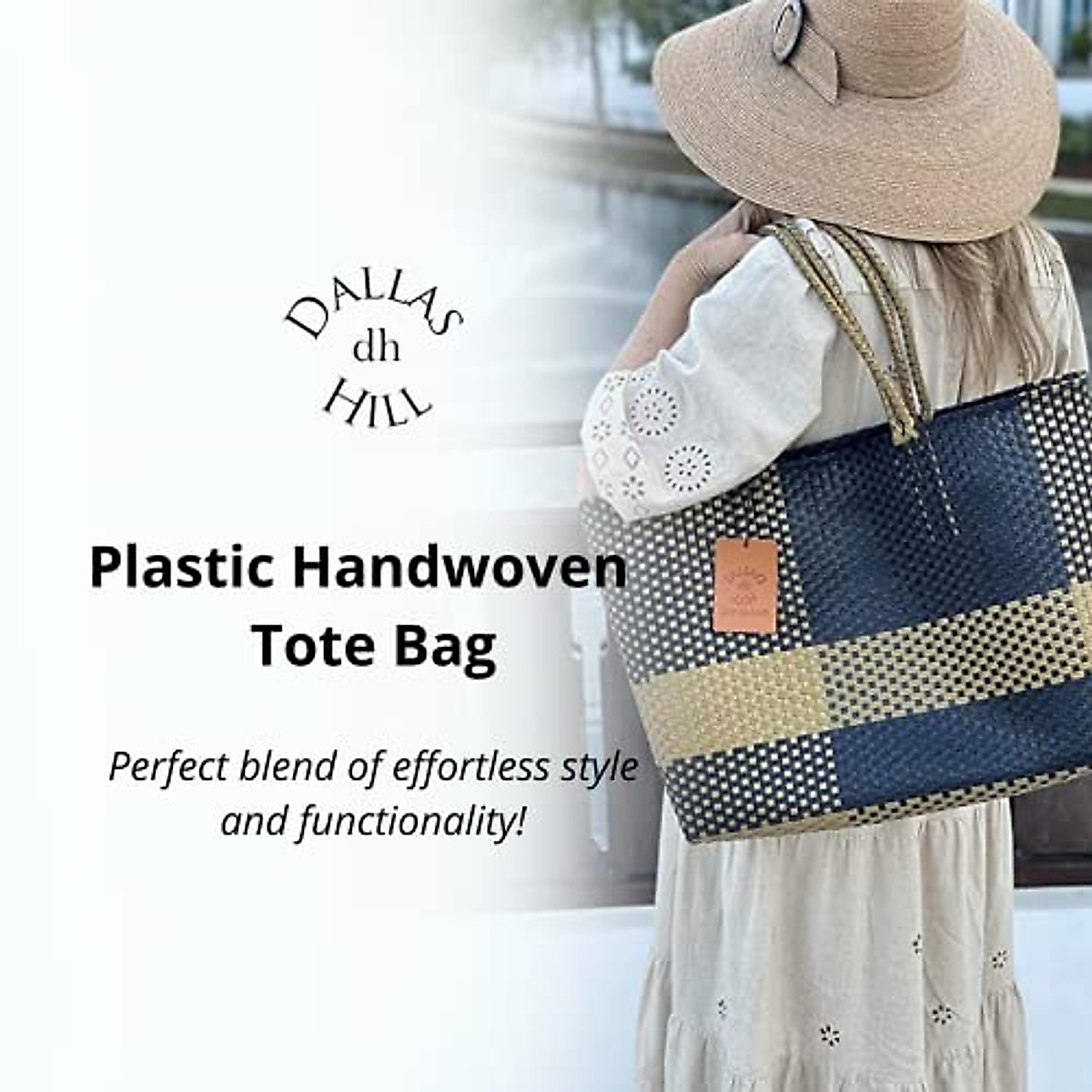 Dallas Hill Designs Handwoven Super Tote Bag for Women | Recycled Plastic Shoulder Purse | Summer Beach, Pool, and Travel Handbag (Black & Gold)