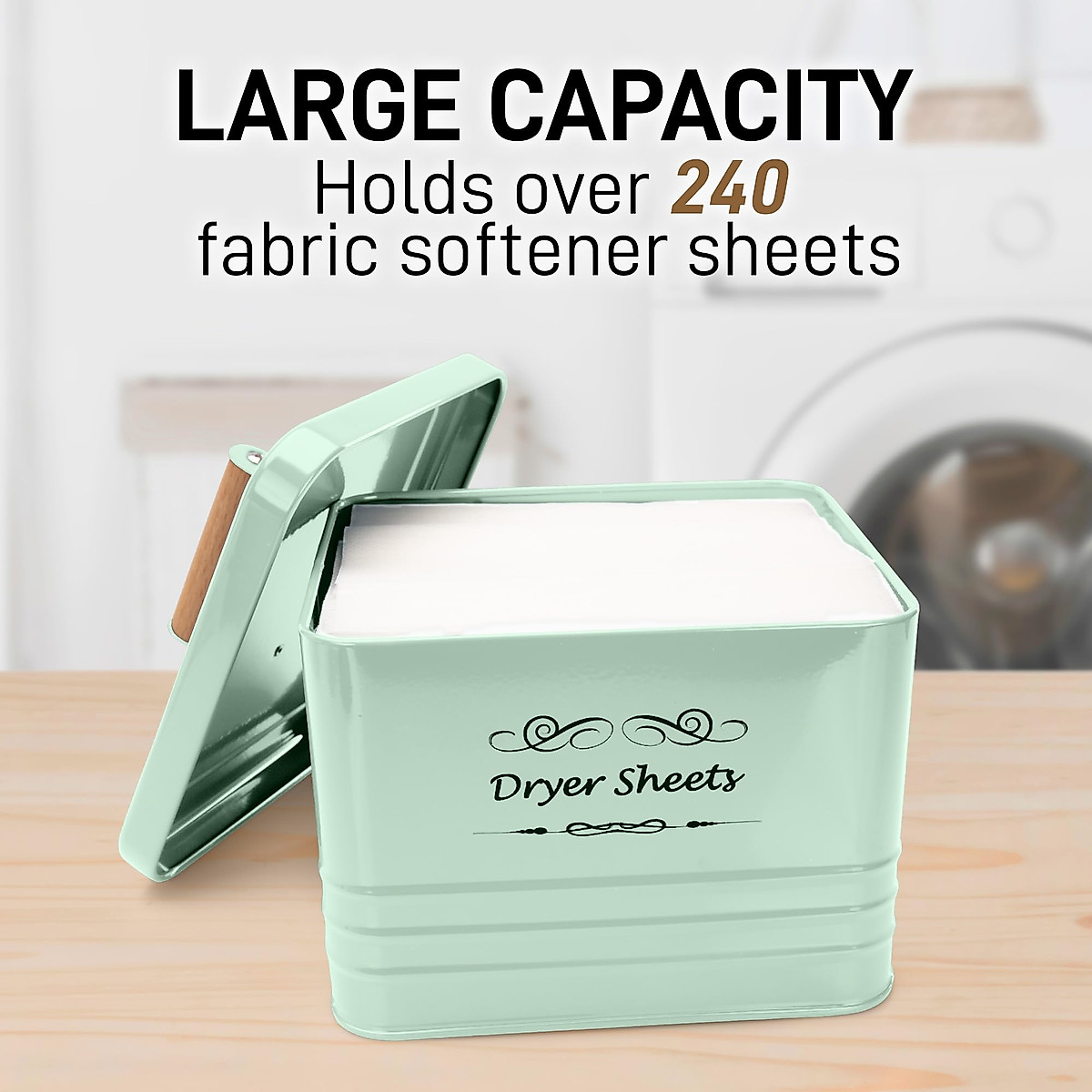 ELITAPRO Dryer Sheets Holder for Laundry Room - Farmhouse Dryer Sheet Box with Lid - Laundry Room Decor & Accessories - Metal Dryer Sheet Container for Laundry Room Organization & Storage (Mint)