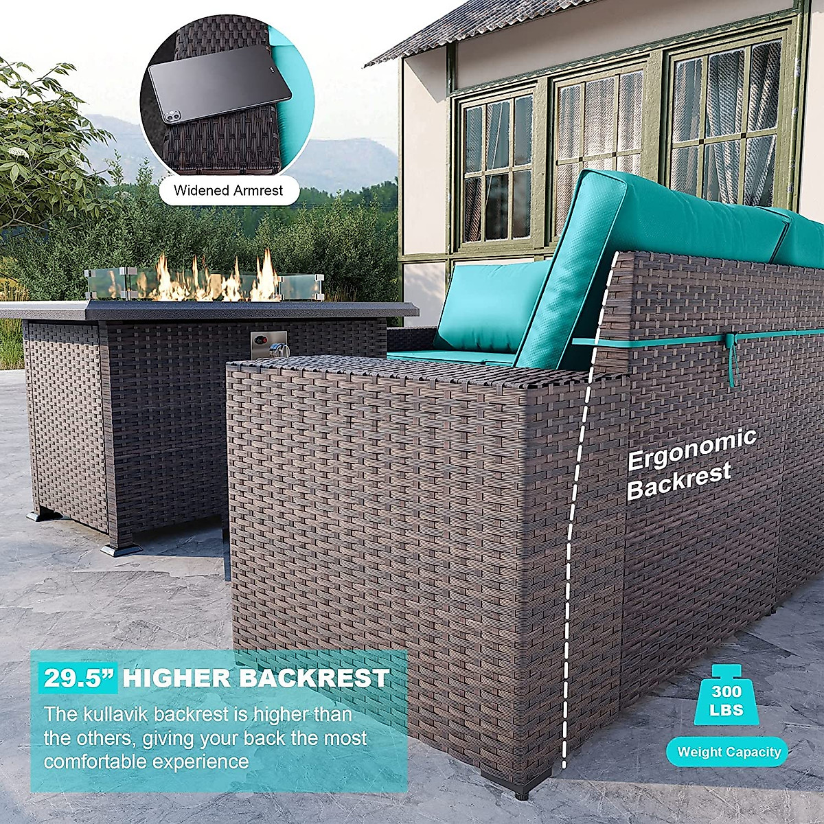 Kullavik 7 Pieces Outdoor Patio Furniture Set with 43" 55000BTU Gas Propane Fire Pit Table PE Wicker Rattan Sectional Sofa Patio Conversation Sets,Green Blue