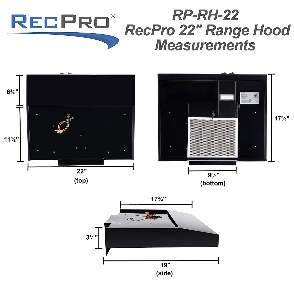 RecPro RV Stove Range Hood Vent | 22" Stainless | Low Profile | 12V | Charcoal Filter