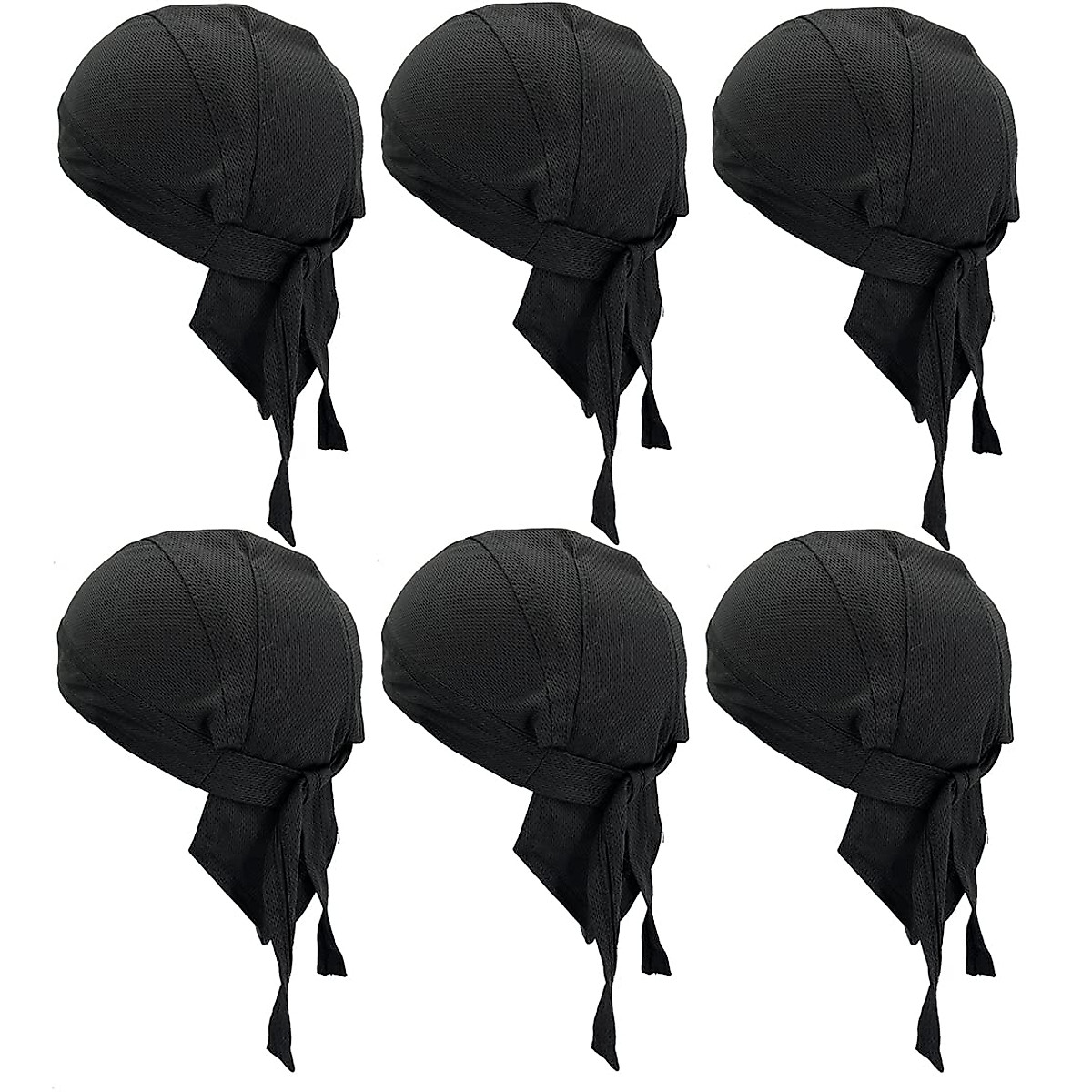 Supeniu Doo Rags Black Skull Caps Beanie Hats Helmet Liner Sweat Wicking Hard Hat Motorcycle Cooling Dew Rag Bandana Skull Cap Large Headwrap Do Rags for Men and Women (Black 6 Pack)