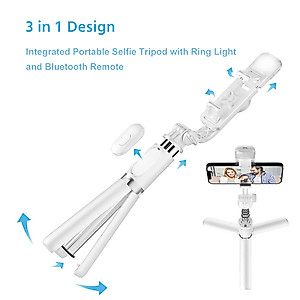 Ambertronix 40" Lighted Selfie Stick Tripod, Removable Bluetooth Remote, 3 Light Modes, 6 Brightness Levels, Lightweight, Portable, Compatible with All iPhone & Android Devices, White (2022Upgrade)