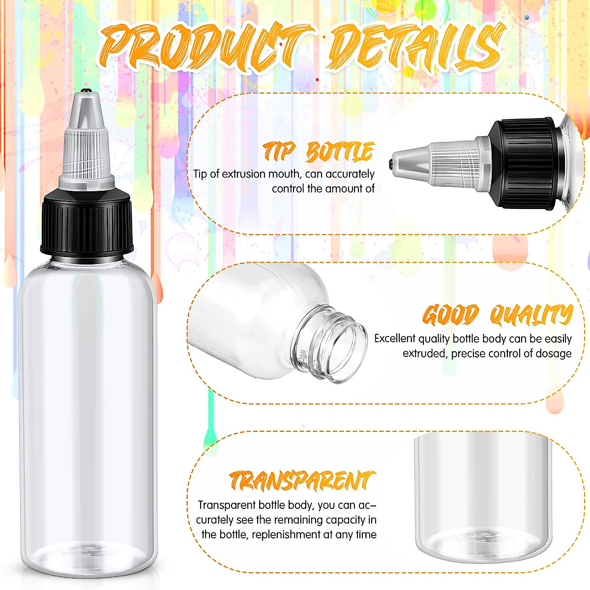 Gandeer 96 Pieces 2 oz Clear Dispensing Bottles Plastic Bottles with Twist Caps Twist Top Bottles Boston Round Bottles for Liquids Oils Inks Crafts Condiments(2 oz, 4.76 x 1.38 Inch)