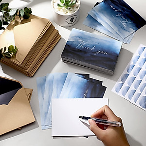 100 Pcs Thank You Cards with Envelopes 100 Stickers, Classy Thank You Notes Set Printable Thank You Gift Card Thank You Business Card with Brown Kraft Style Envelopes (Blue)