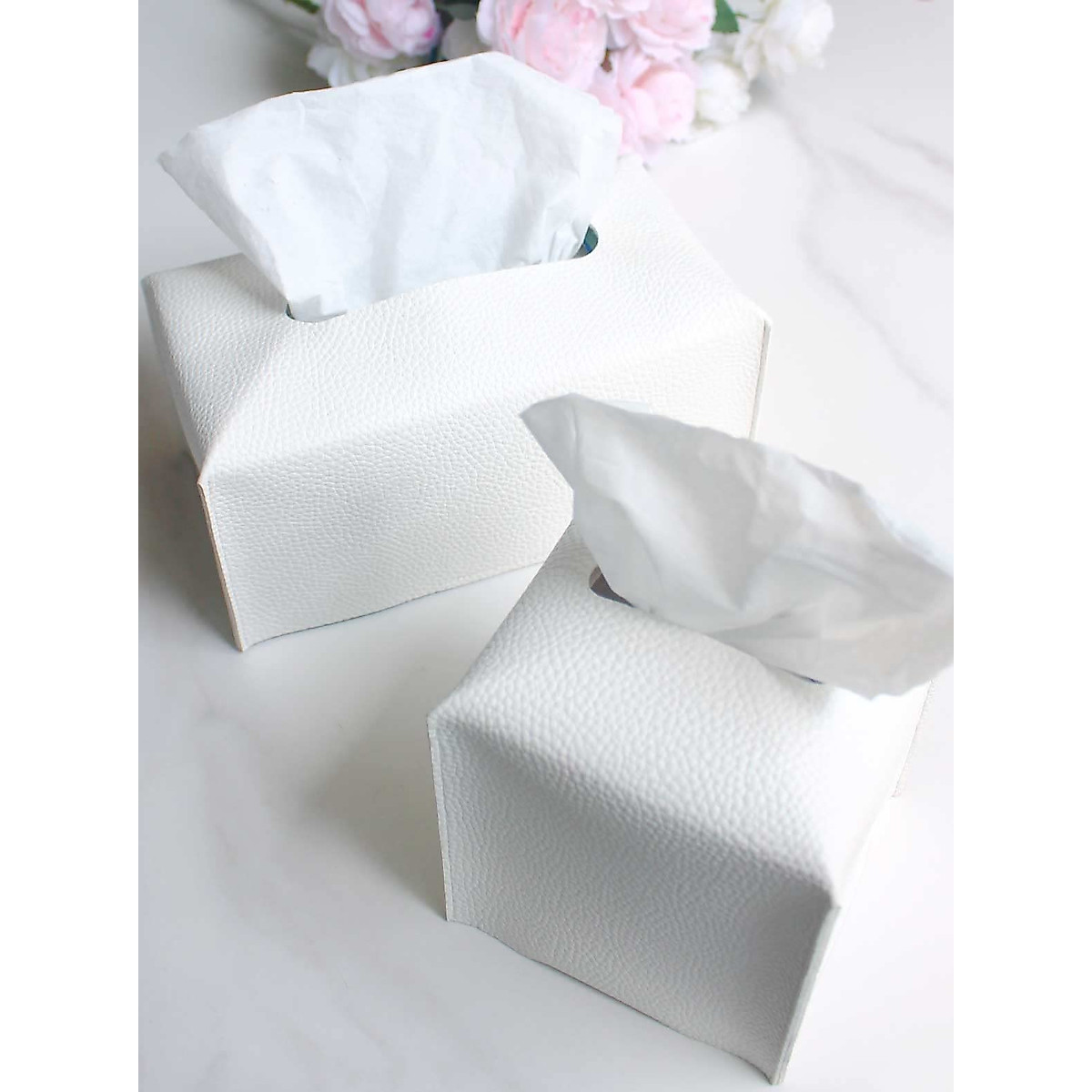 Leather Tissue Box Cover Rectangular – with Bottom Belt [JESMINI, White] Modern PU Leather Long Rectangle Tissue Box Cover Decorative for Bathroom Vanity Countertop/Night Stands/Office Desk