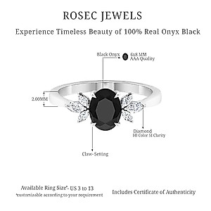 Certified Black Onyx 6X8 MM Oval Engagement Ring with Diamond Accent, AAA Quality (With Ready to Gift Jewelry Box), 14K White Gold, Size:US 9.00