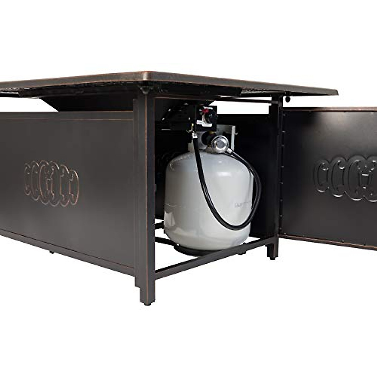 Fire Sense 62743 Dynasty Art Deco Aluminum Convertible Gas Fire Pit Table 55000 BTU Multi-Functional Outdoor Firepit with Fire Bowl Lid, Nylon Cover & Clear Fire Glass Bronze Finish - Rectangular 48"