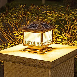 LED Outdoor Solar Post Light Square European Retro Waterproof Column Lights Square Remote Control 3-Color Dimming Pillar Lantern Acrylic Striped Lamp Shade Bronze Doorway Pole Light