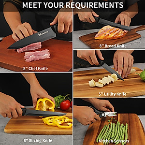 Howashin Knife Set, 6-Piece Black Professional Stainless Steel Knives Set for kitchen with Universal Knife Block - Non-Stick Sharp Blade Chef Knife Set with Cylindrical Knife Block for Gift.