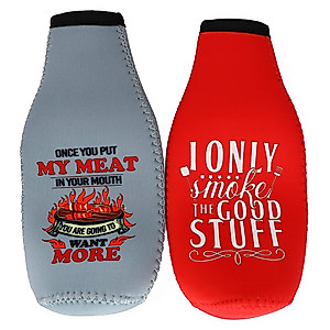 BBQ Smoker Bottle Coolies - Barbecue Meat Smoking Gift for Dad,Useful Gifts for Men Who Have Everything,Bottle Cooler Insulator Sleeve w Zipper,Built-In Removable Opener,Insulated 12 oz. Bottle Coolie