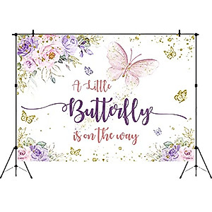 Aperturee 7x5ft Butterfly Baby Shower Backdrop A Little Butterfly is on The Way Photo Purple and Pink Floral Gold Spots Flowers Photography Background Princess Girl Party Decoration Banner Photo Booth