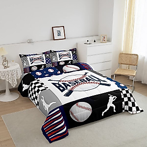 Baseball Bedding,Kids Sports Baseball Comforter Set For Boys Girls Twin Size,Teen Baseball Quilt Set Sport Fans Room Decor,Patchwork Geometric Checkered Comforter Balck white Navy Blue 1 Pillowcase