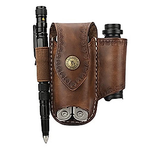 TOURBON Men Leather EDC Organizer Sheath Handmade Tactical Multitool Pouch Holster Brown with Belt Clip